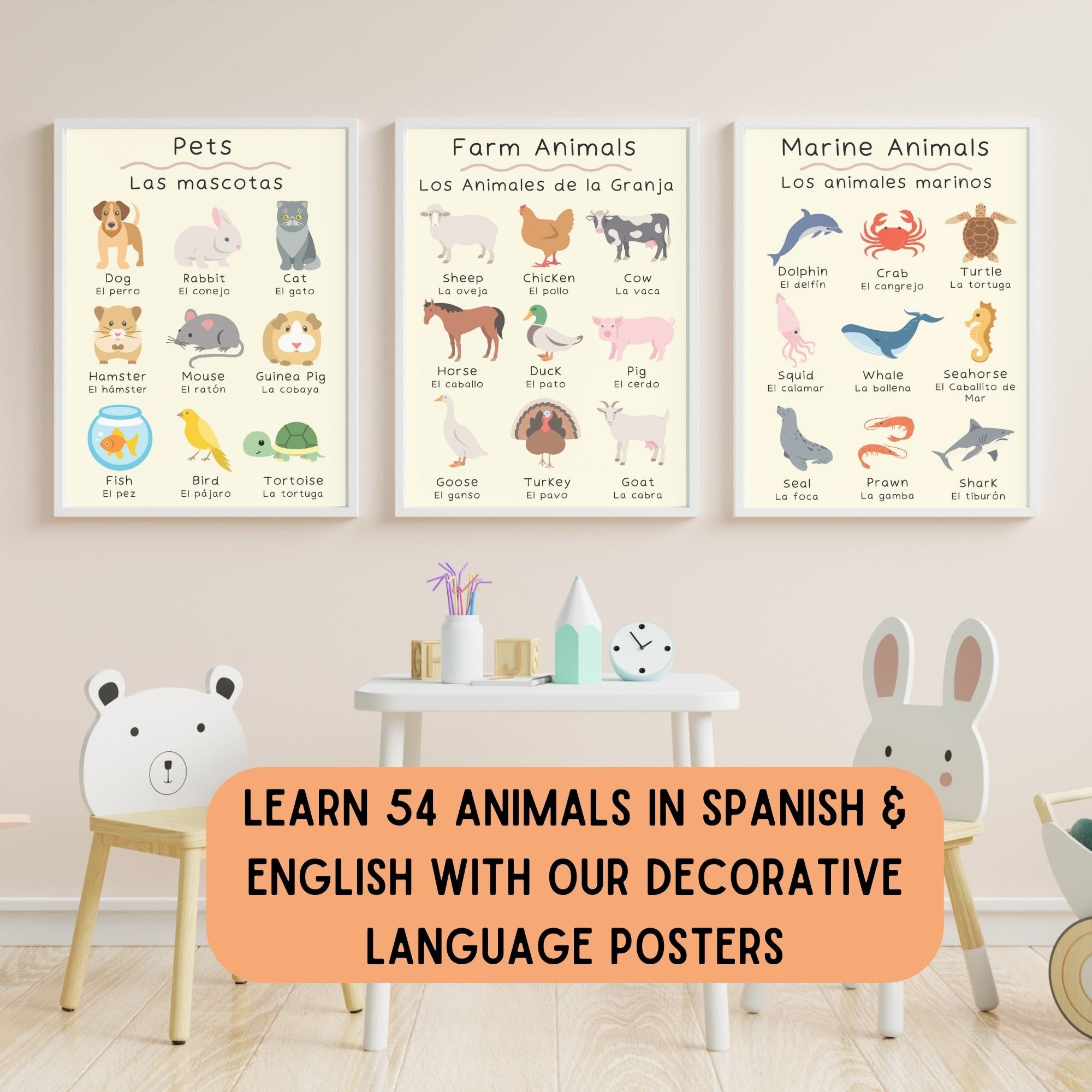 Bilingual Spanish Animal Poster Set of 6, Spanish Pdf Language ...