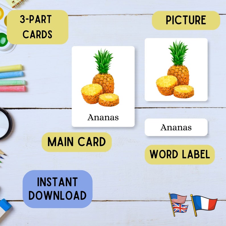 French English Fruit Flashcards: Montessori Bilingual Learning (PDF) - Etsy