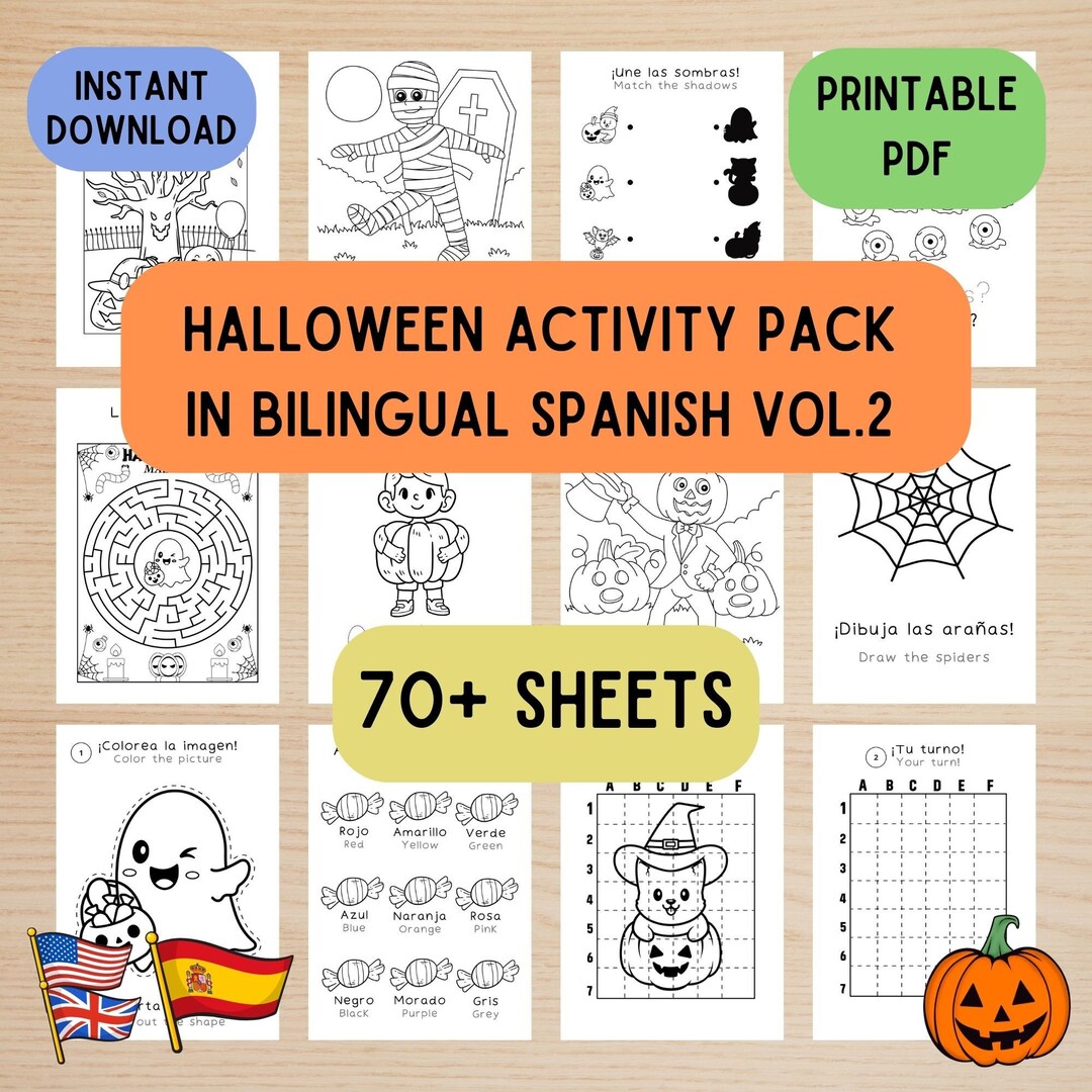 Kids Halloween Activity Printable in Bilingual Spanish, 75 Page ...