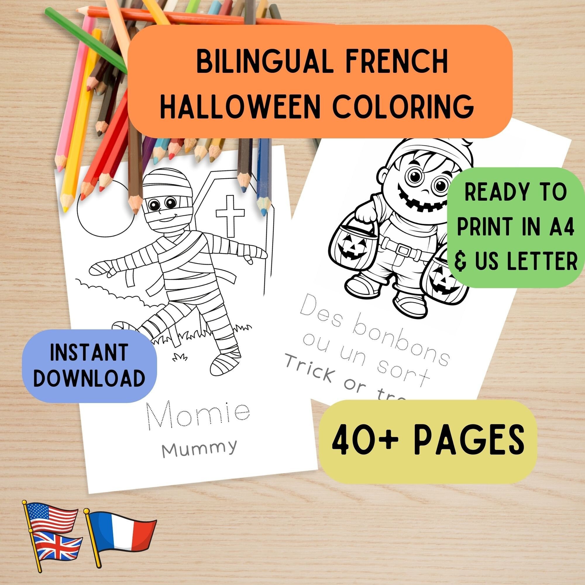 English French Halloween Coloring Sheets for Kids - Etsy