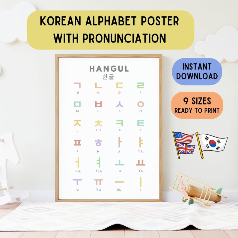 Korean Hangul Alphabet Print, Learn Korean Poster, Hangul Lettering ...