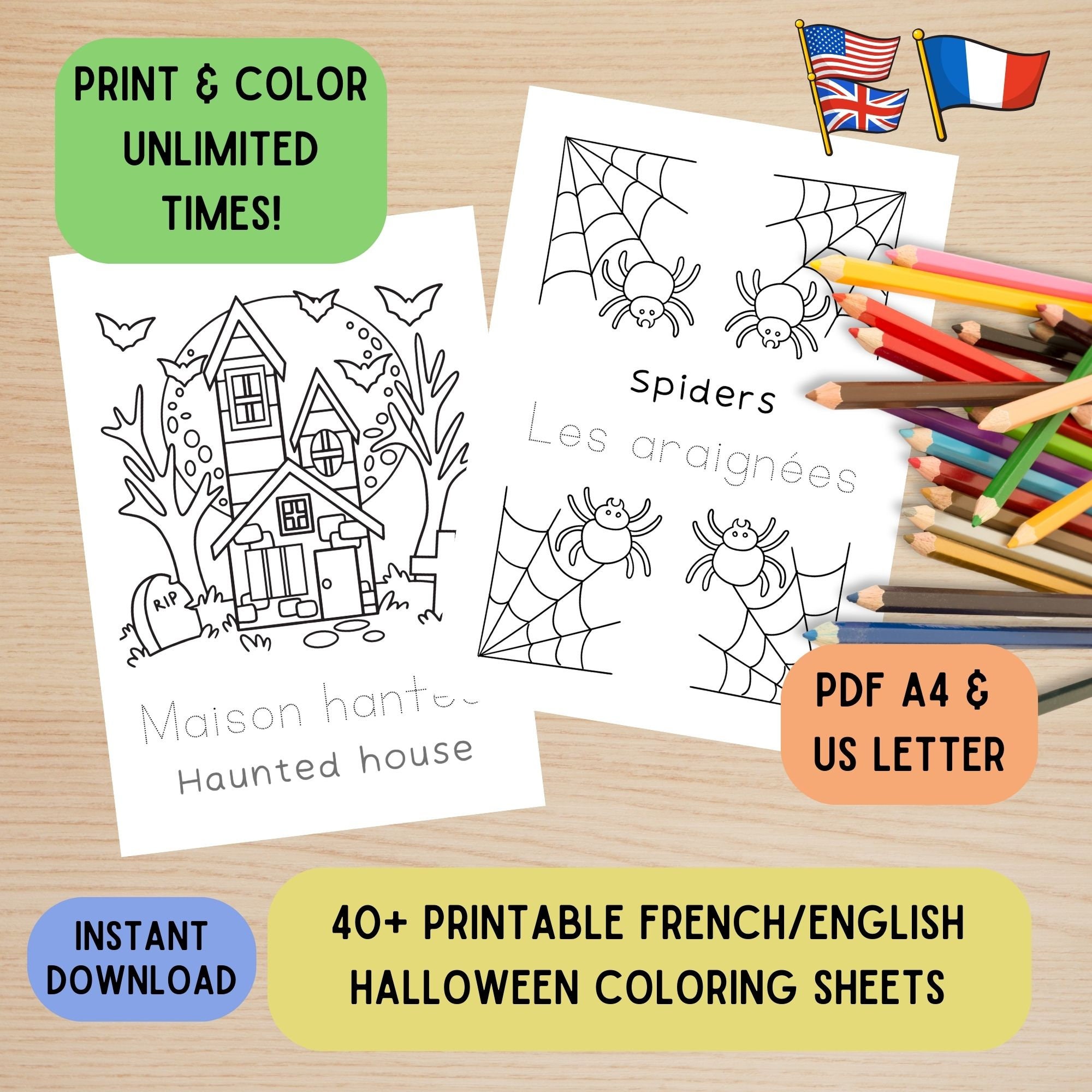English French Halloween Coloring Sheets for Kids - Etsy