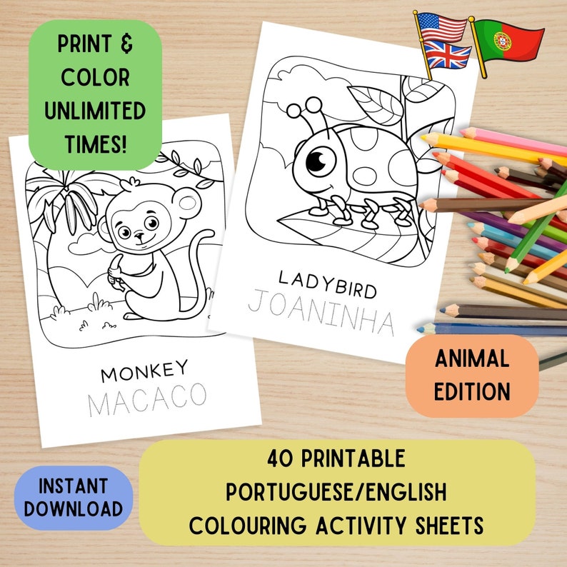 English Portuguese Coloring Pack Animals, 40 Sheets, Learn Portuguese ...