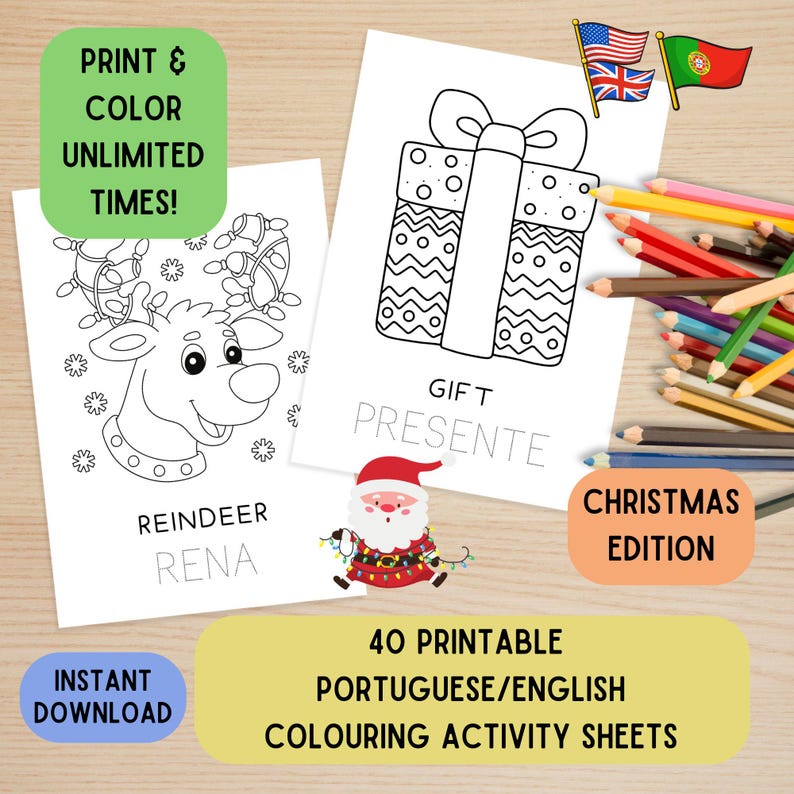Bilingual Portuguese Christmas Coloring Pack, Português Inglês Xmas ...