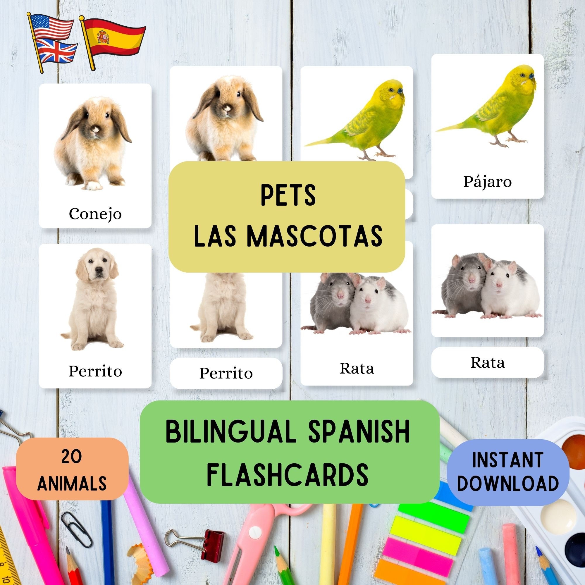 Spanish English Bilingual Flash Cards: Montessori Pets (PDF Download ...