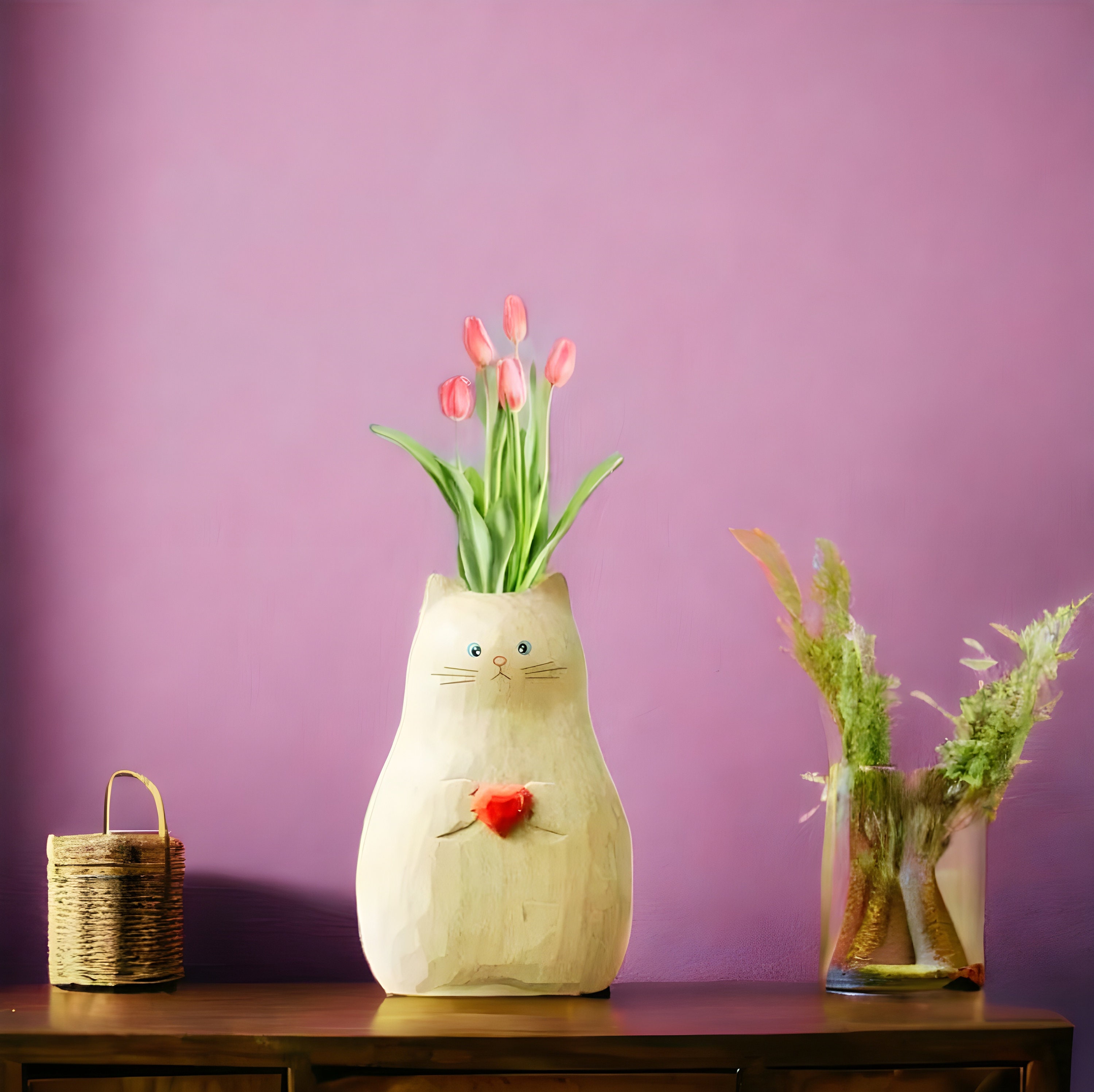 Handcrafted Wooden Cat Vase Artisan Carving Cat Lover's Gift Unique ...