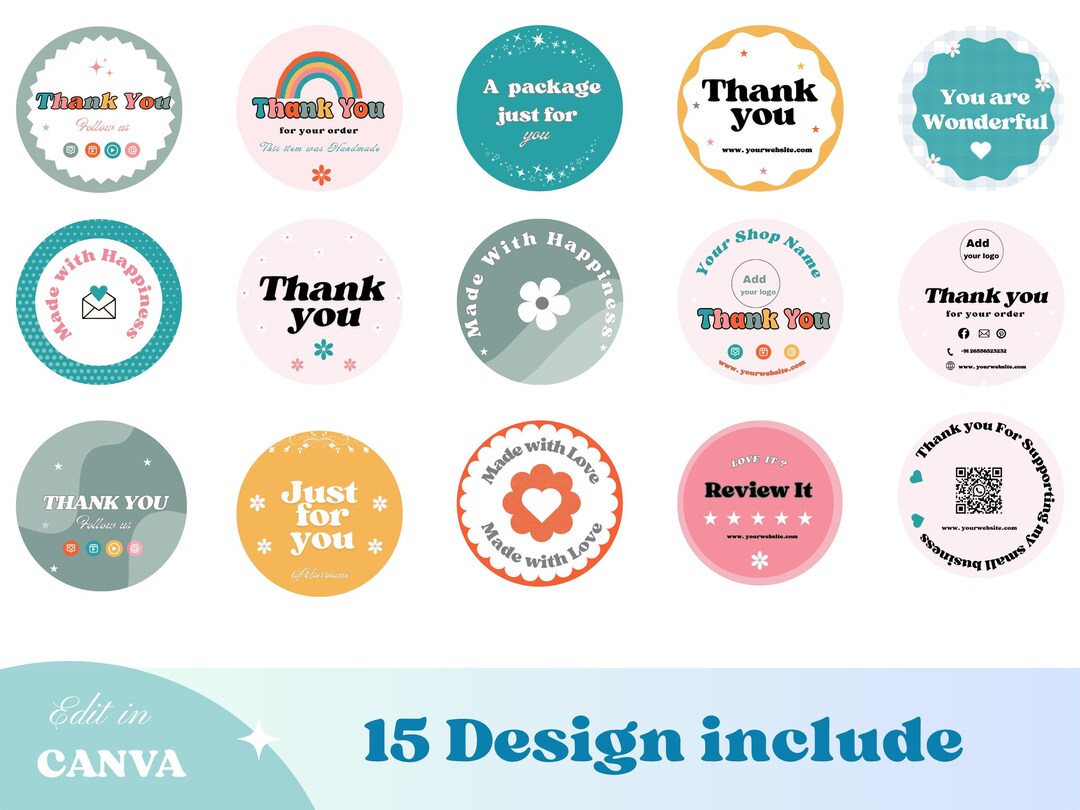 Retro Circle Sticker Templates - Small Business Packaging (canva) - Etsy