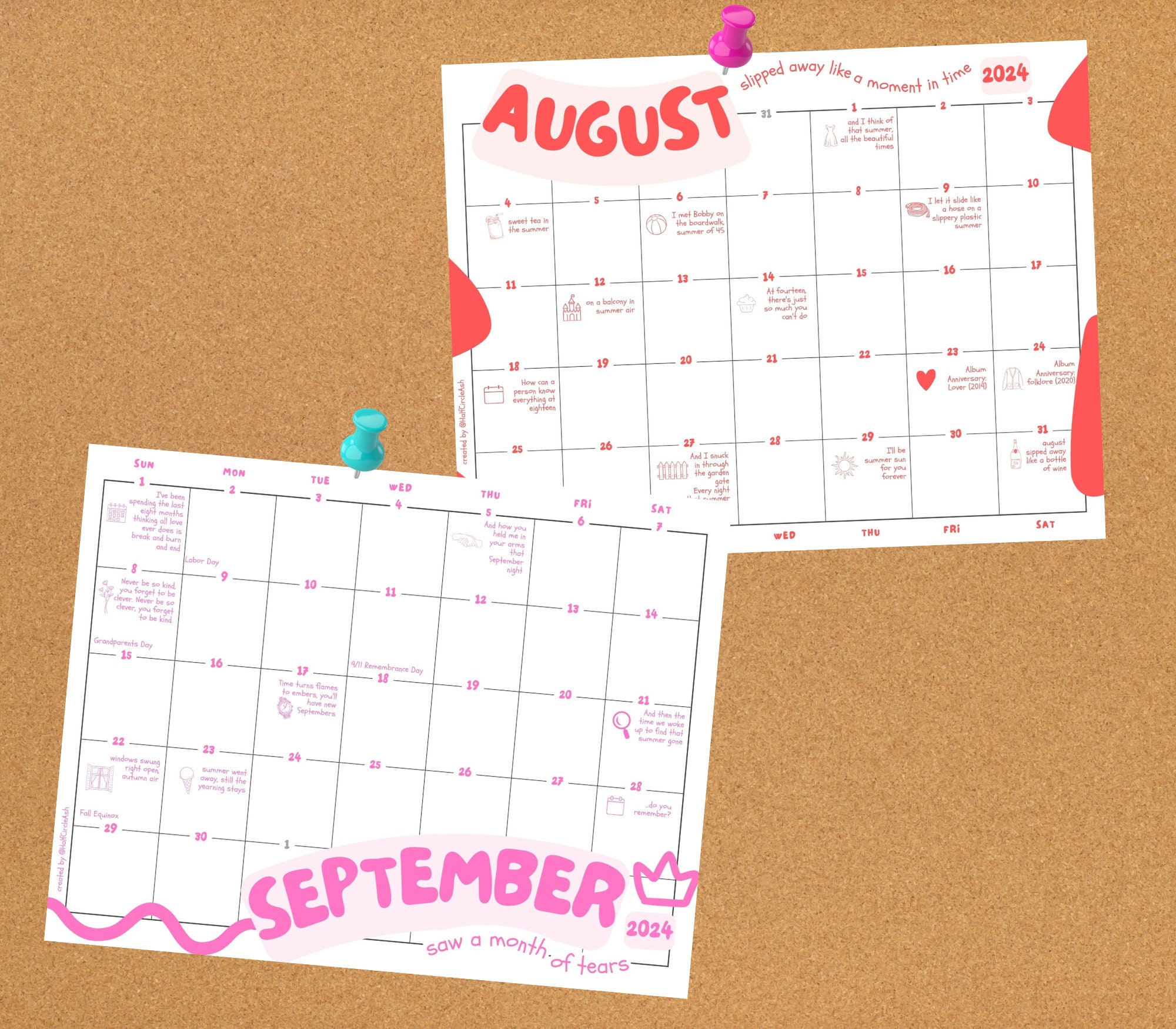 2024 Calendar Taylor Swift Lyrics Theme Digital Download Monthly ...