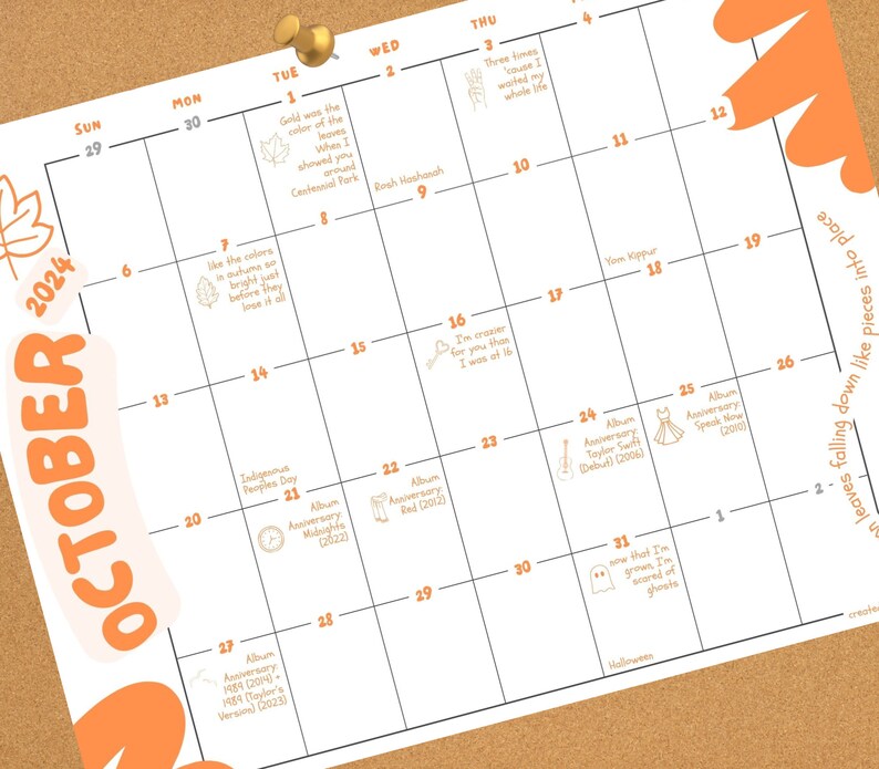 2024 Calendar Taylor Swift Lyrics Theme Digital Download Monthly ...