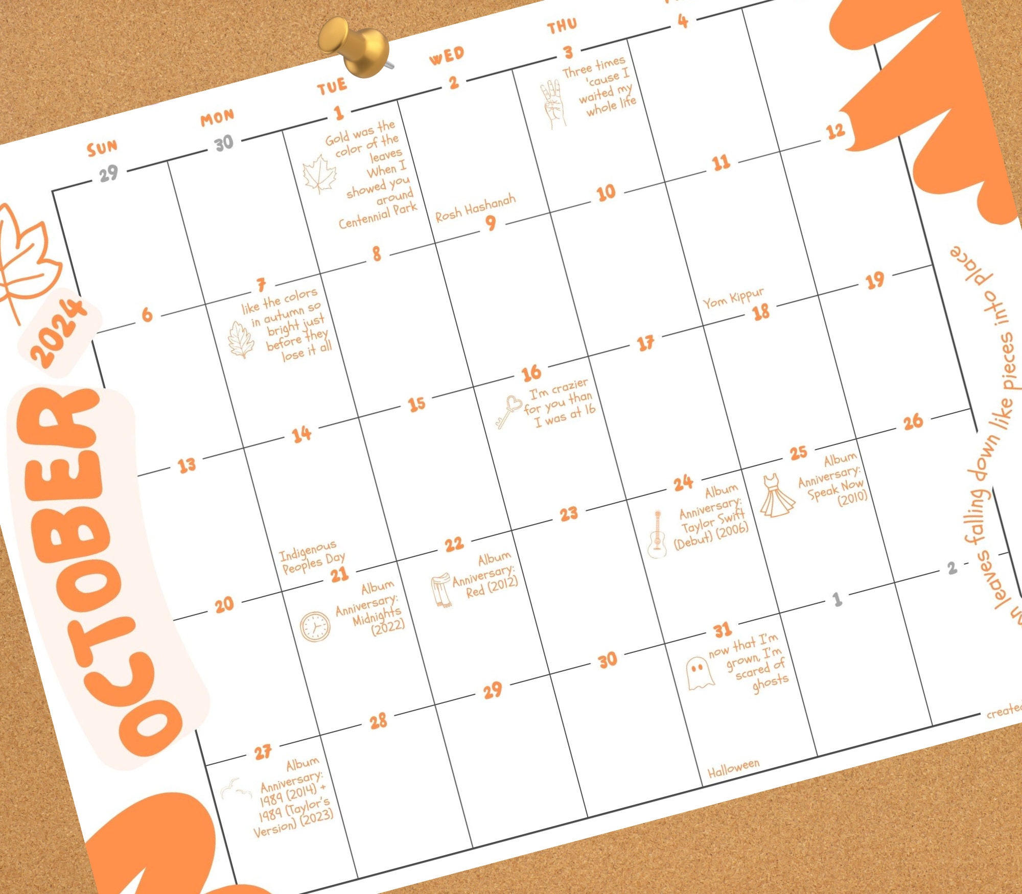 2024 Calendar Taylor Swift Lyrics Theme Digital Download Monthly ...