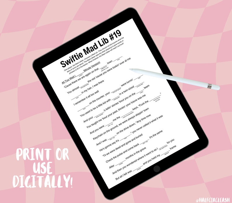 Swiftie Mad Libs Printable Taylor Swift Lyric Word Game For Birthday Parties Classrooms Car