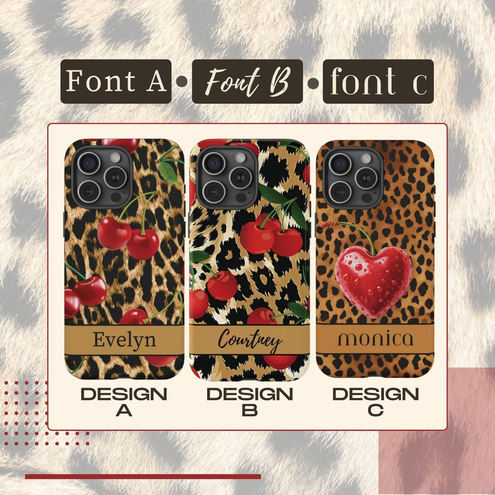 Custom Cherry Leopard Cheetah Print iPhone Case for iPhone 16 15 14 13 ...