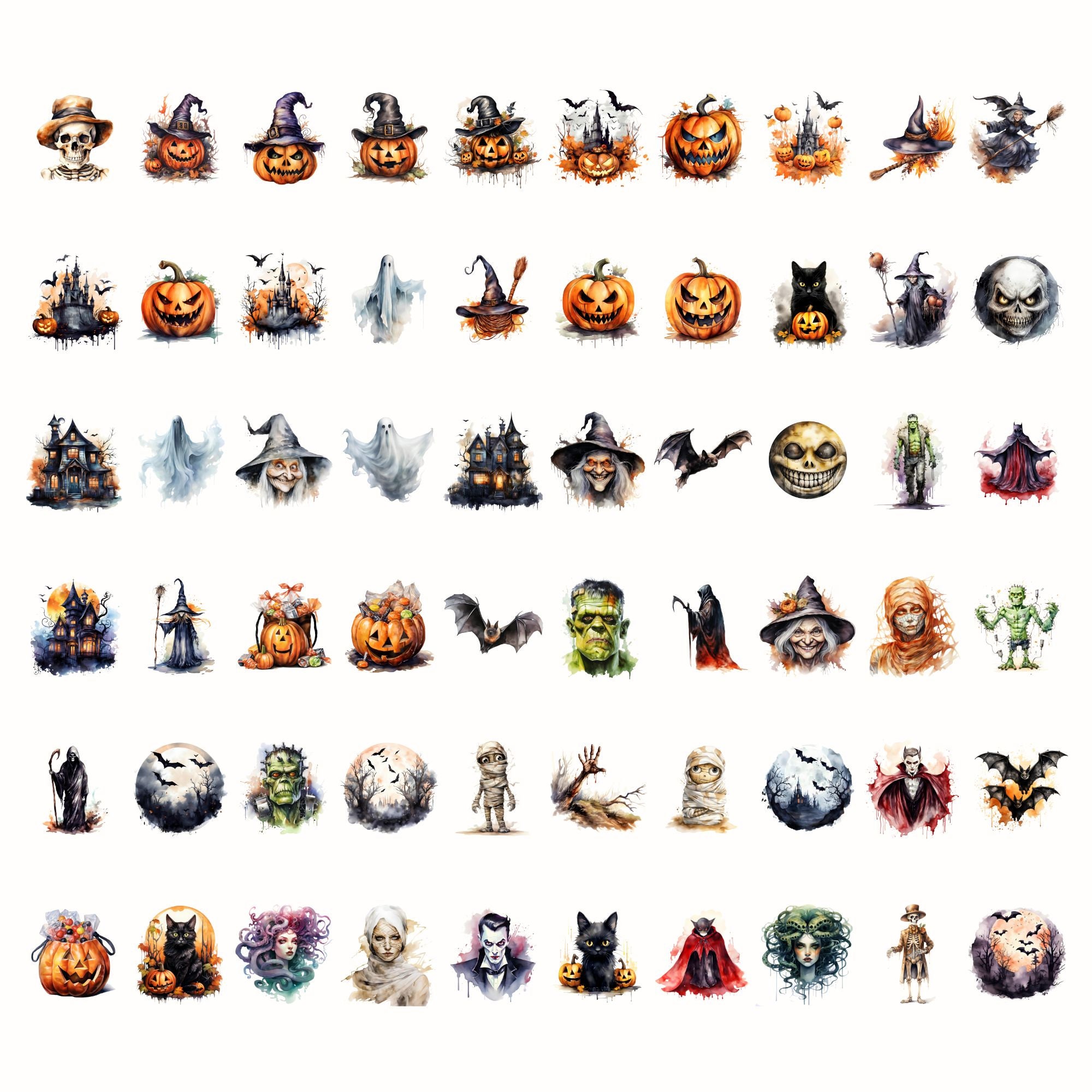 Halloween Watercolor Clip Art / 60 Digital PNG on a Transparent ...