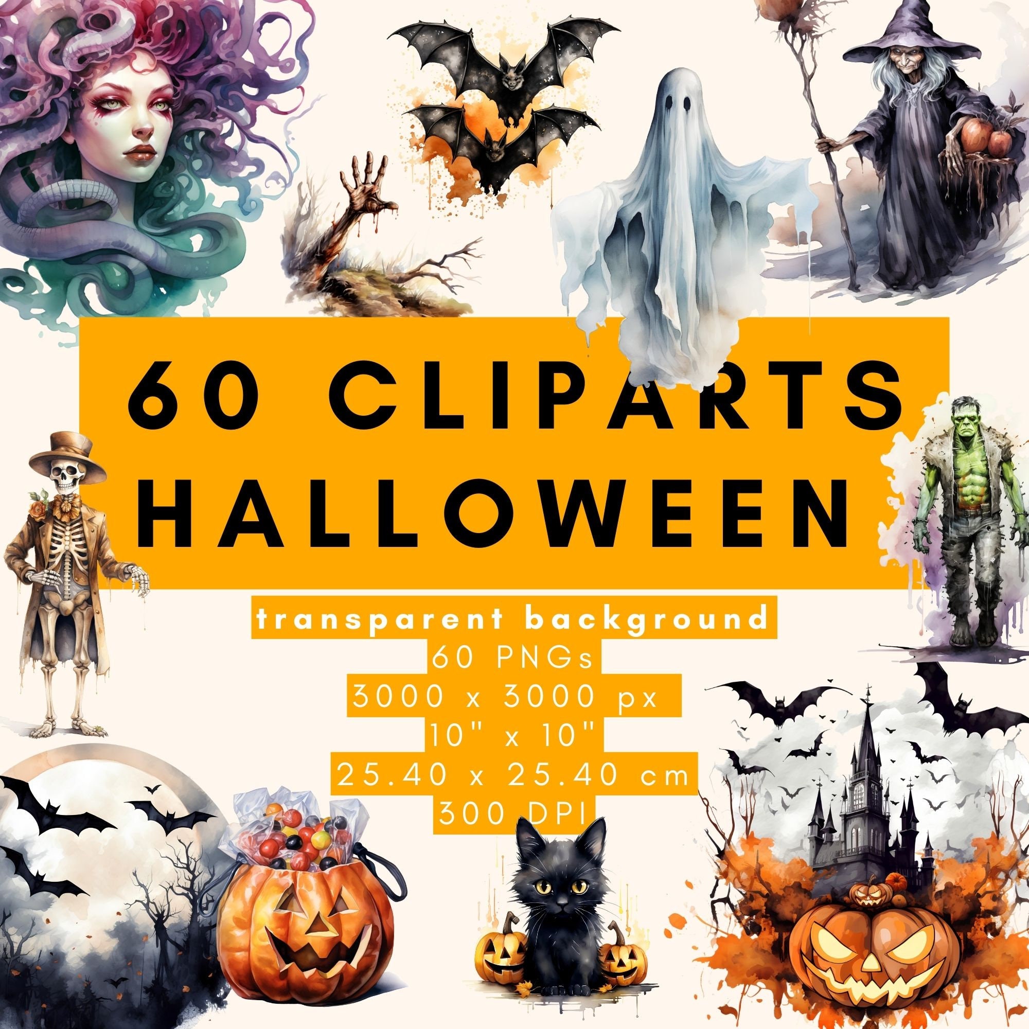 Halloween Watercolor Clip Art / 60 Digital PNG on a Transparent ...