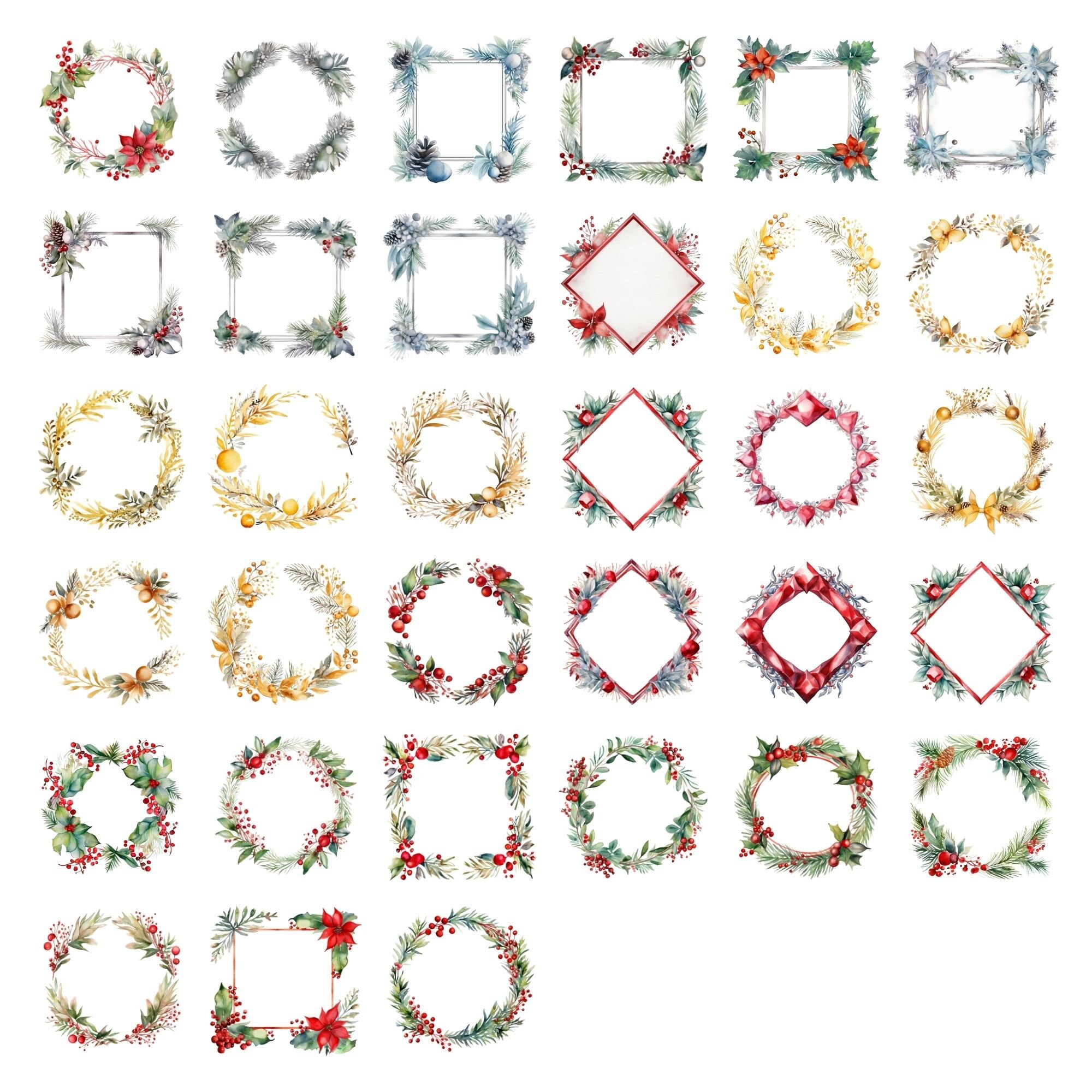 Christmas Watercolor Frames Clip Art Bundle / Digital PNG on a ...