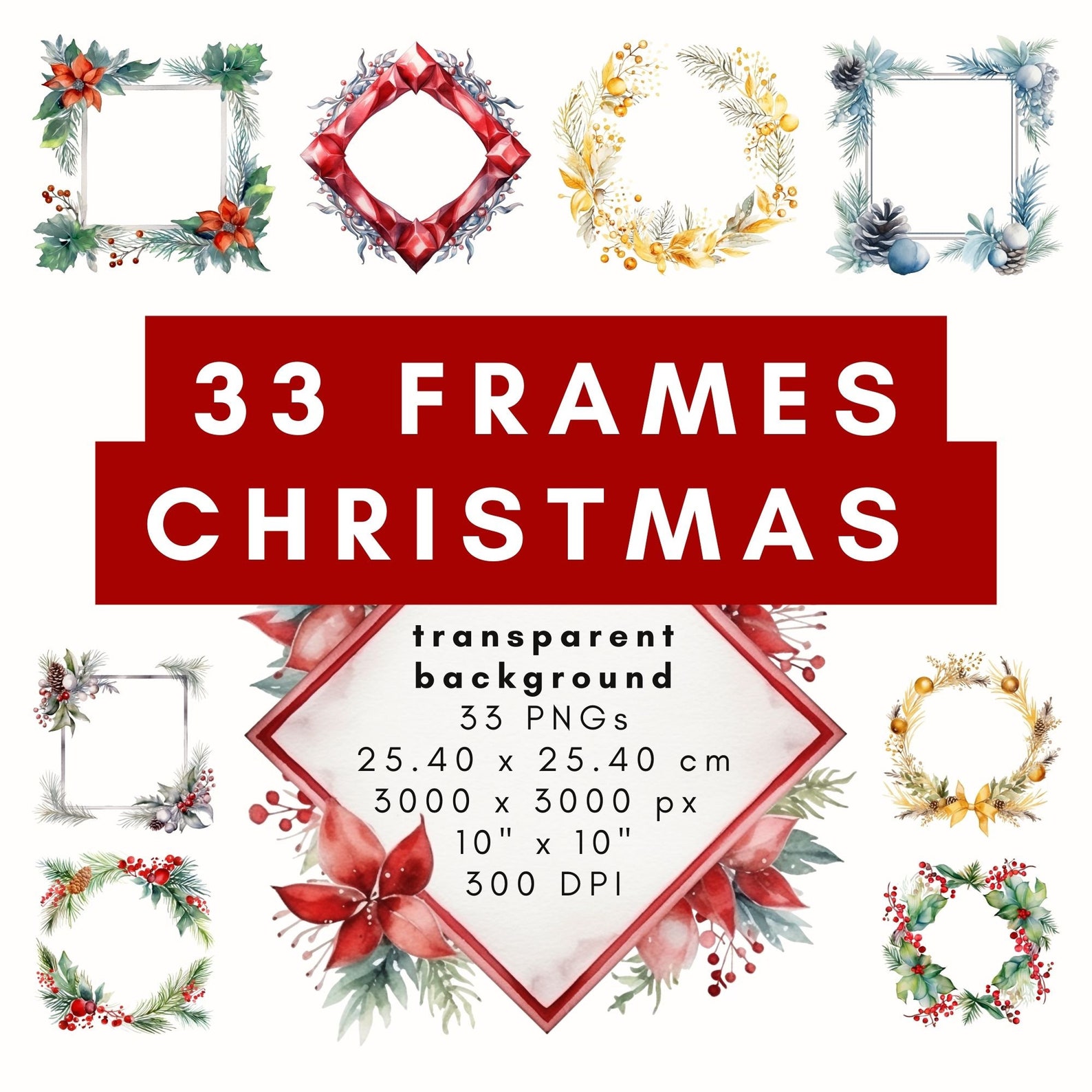 Christmas Watercolor Frames Clip Art Bundle / Digital PNG on a ...
