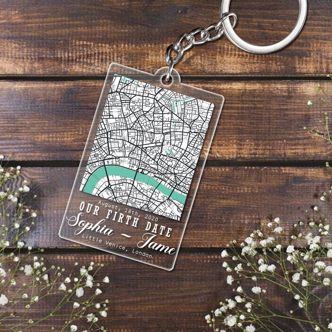 Personalised Acrylic Map Our First Date Keychain, Anniversary Gift ...