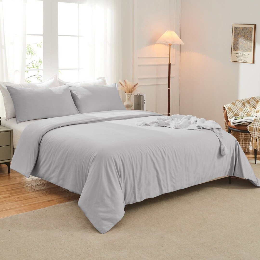 Duvet Cover Set in Grey Light Solid Color, Comforter Bedding, Soft ...
