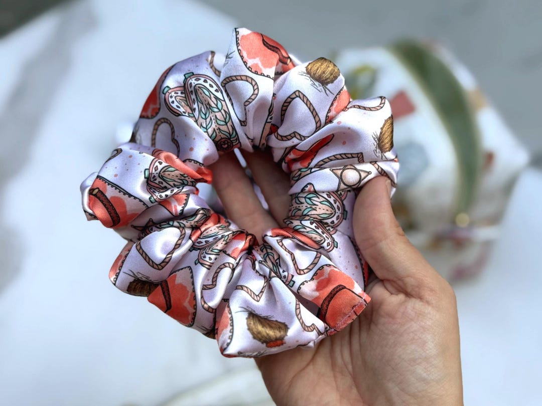 Satin Scrunchie in Cowgirl and Western Theme Large Patterned Scrunchie Colourful Pink Scrunchie ...