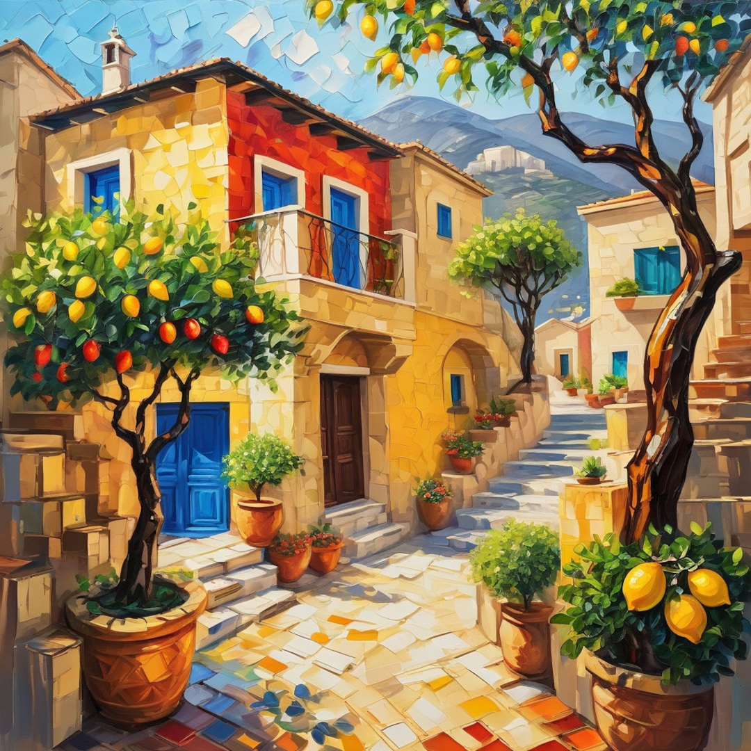 Mediterranean Stretched Canvas Wall Art, Vibrant Charming Scene, Quaint ...
