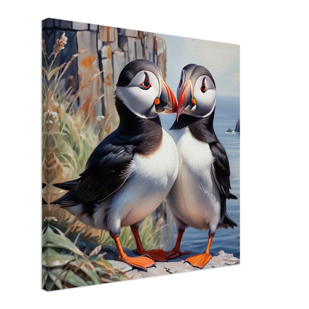 Charming Puffin Pair Wall Art, Coastal Wildlife Scene, Vibrant Nature ...
