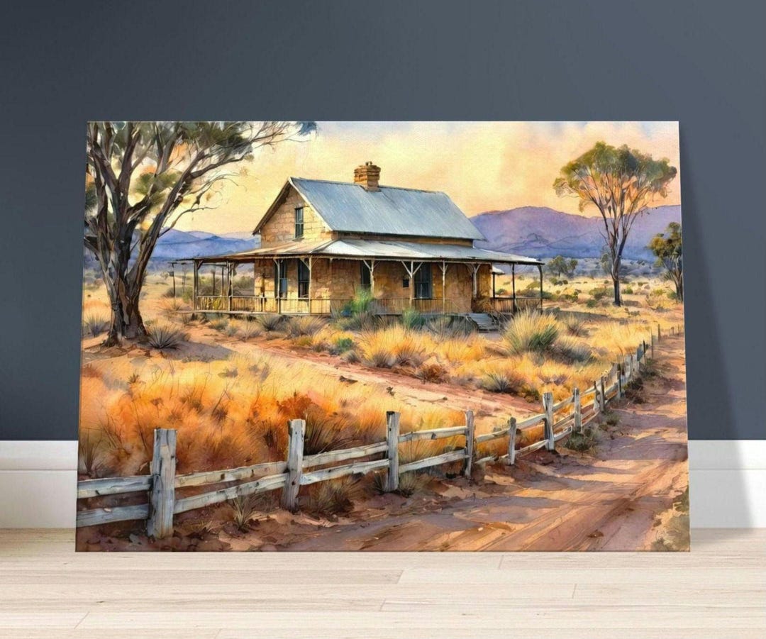 Australian Outback Farmhouse – Rustic Landscape Wall Art in Warm Earth Tones, Moody Bush ...