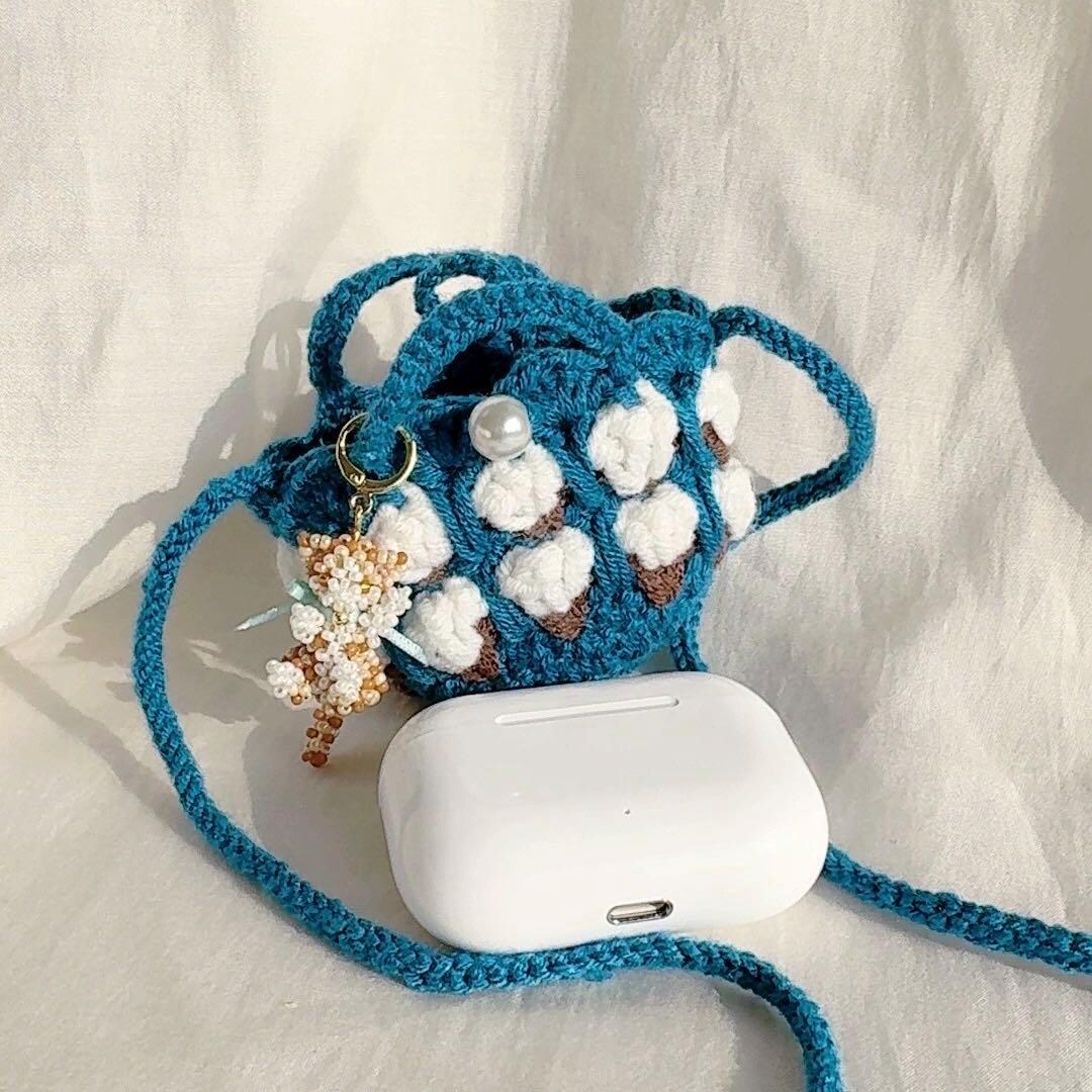 Mini Ipod Case Handmade Knotted Blue Pouch Lipstick & Earbuds Organizer ...