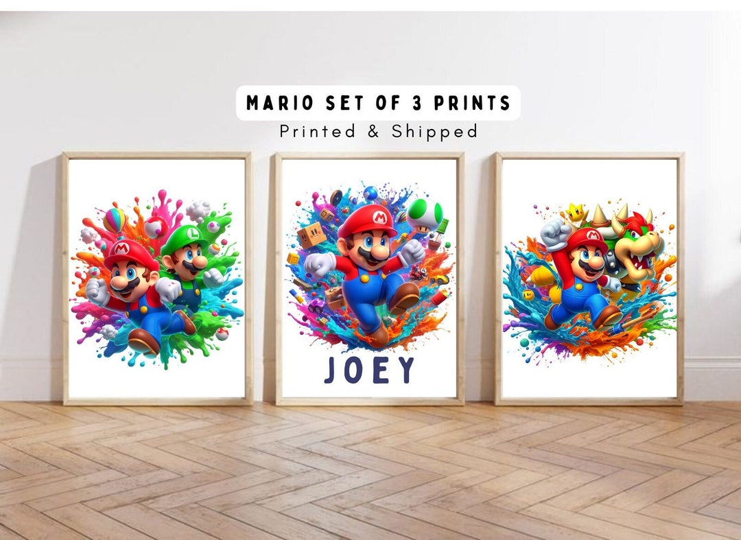 Mario Set of 3 Personalised Prints, Splash Background, Colourful Boys ...