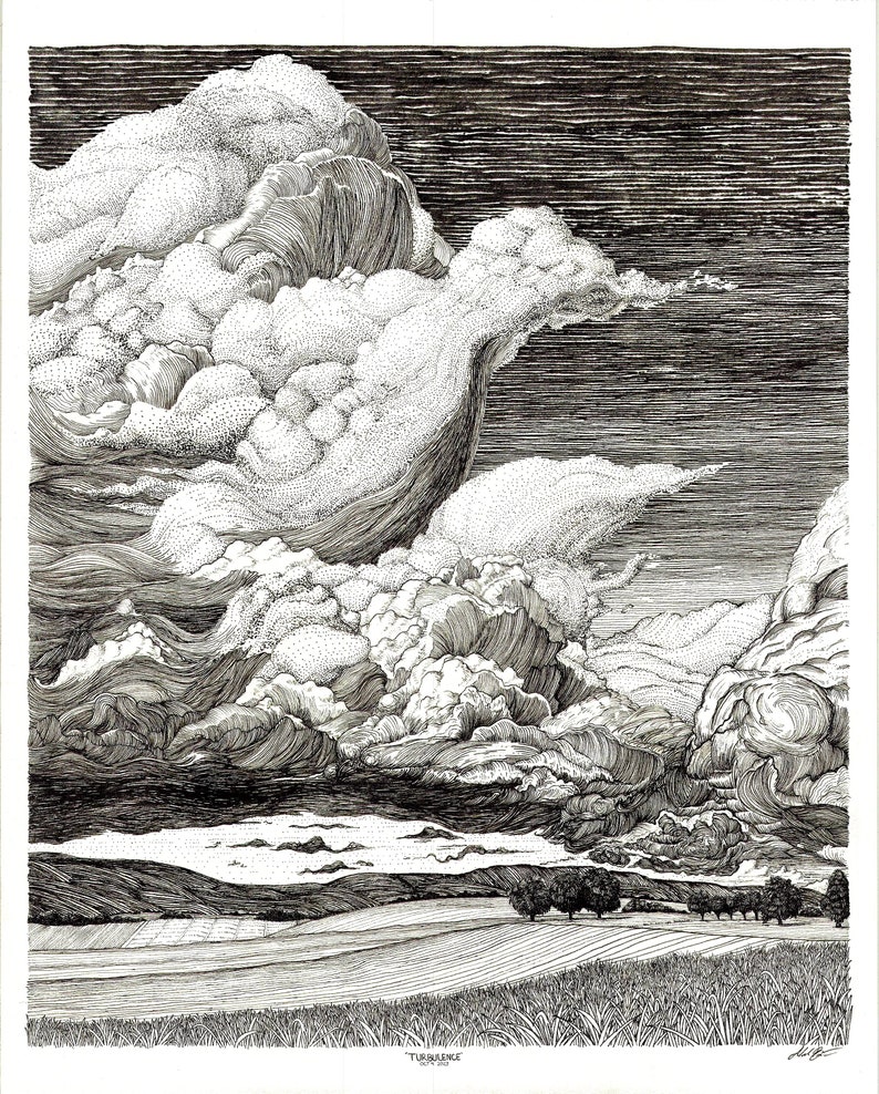 Turbulence- Landscape Storm Artwork Pen and Ink Drawing Print Wall ...