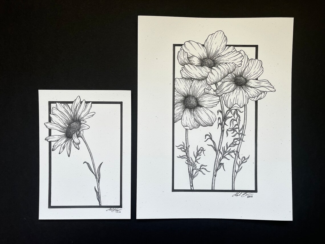Daisy Floral Print From Original Drawing in Black and White With Modern ...