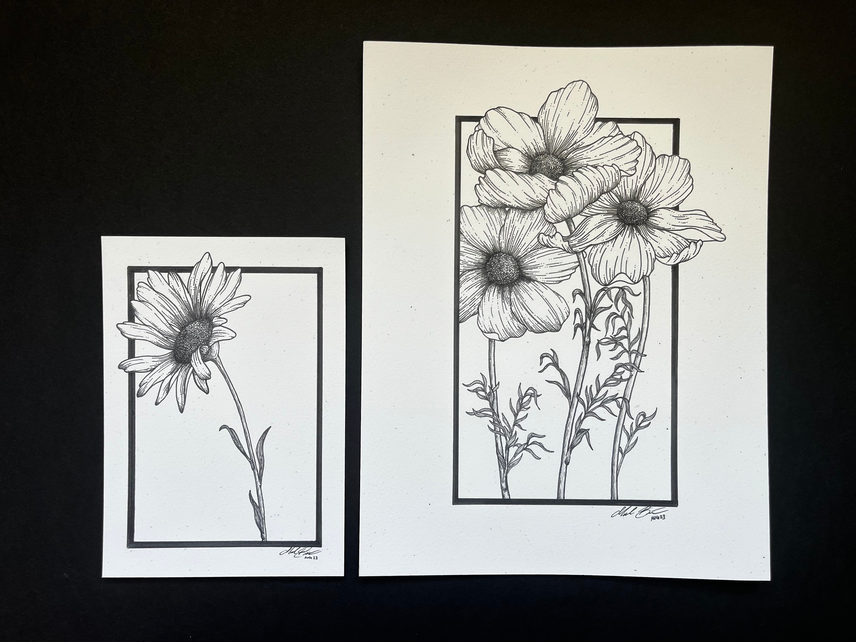 Daisy Floral Print From Original Drawing in Black and White With Modern ...