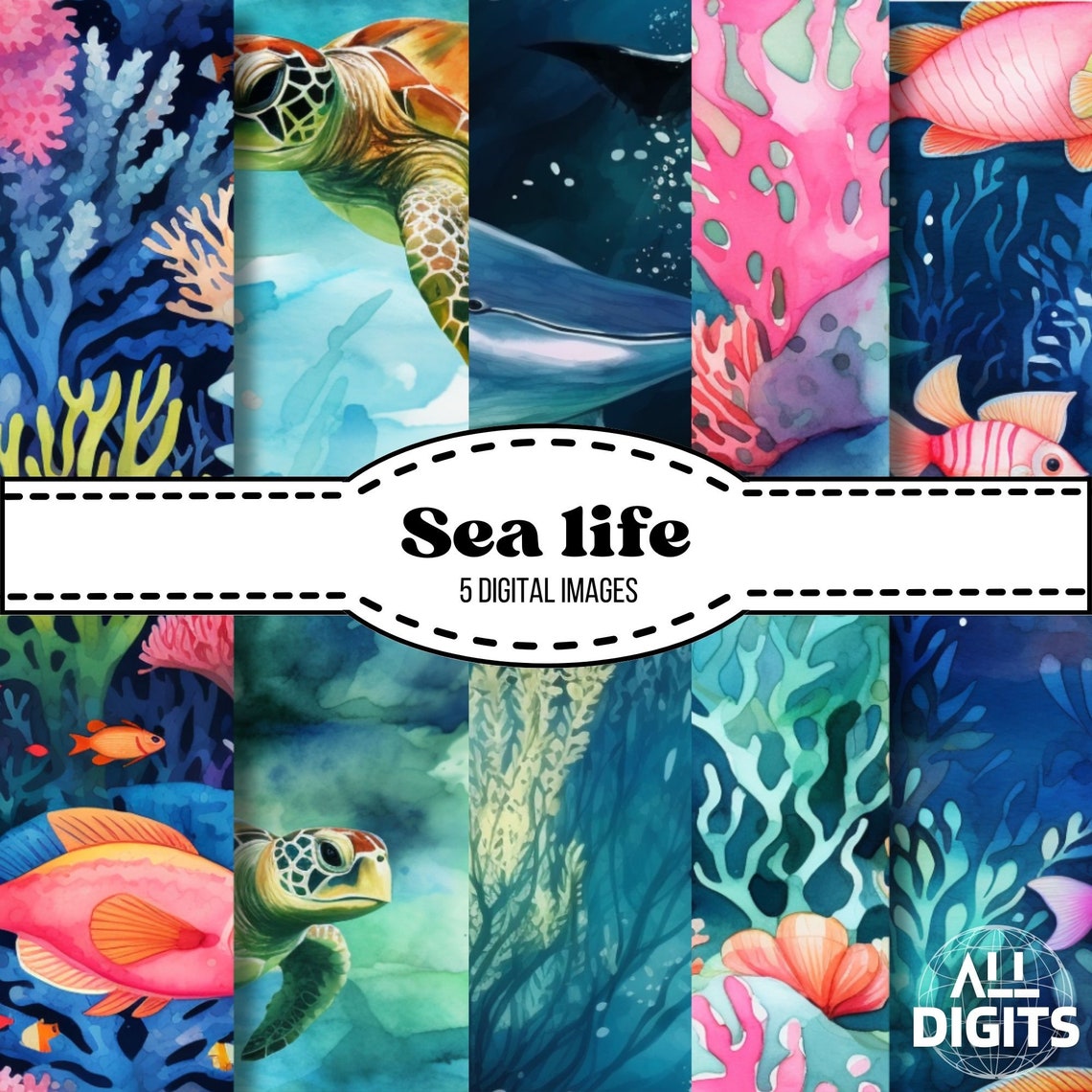 Sea Life Digital Paper, 5 Printable Paper, Seamless Pattern, Instant ...