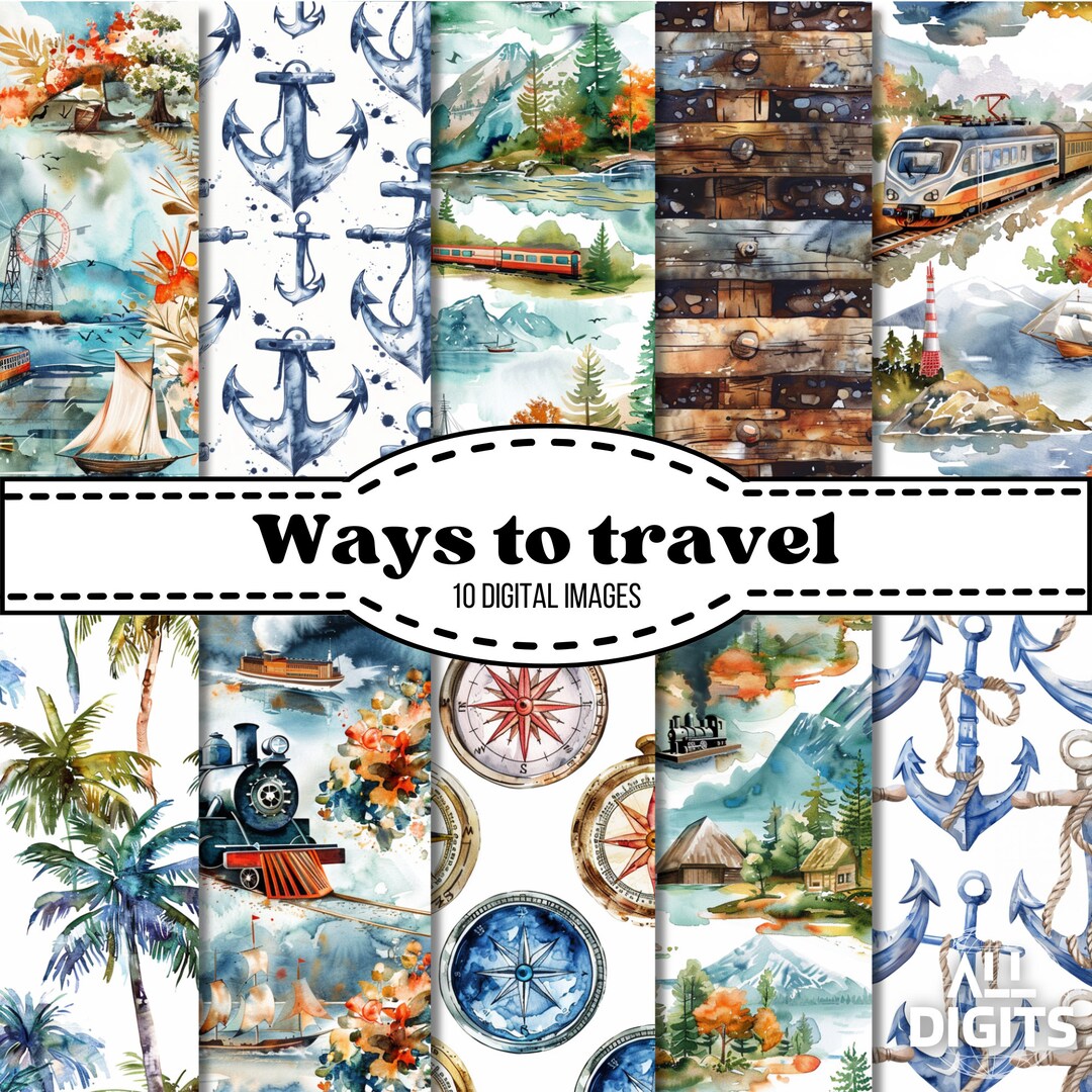 Ways to Travel Digital Paper, 10 Printable Paper, Seamless Pattern ...