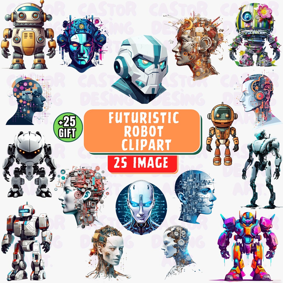 Cyberpunk Robot Series Digital Clipart, Cute Robots Art PNG, Watercolor ...