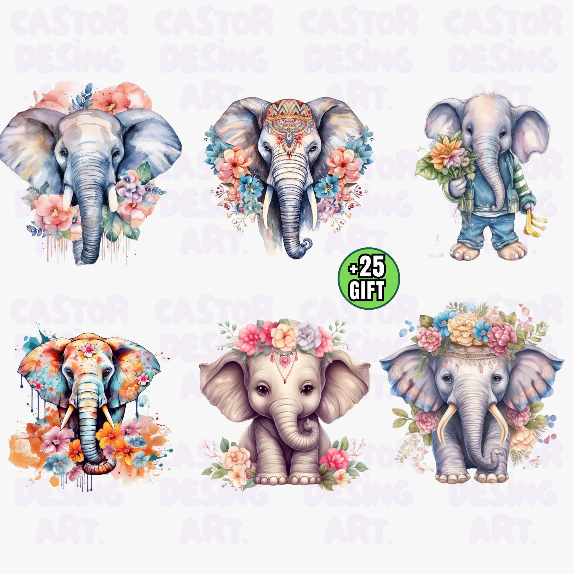 Floral Elephant Clipart Png Jungle Watercolor Animal Clipart - Etsy