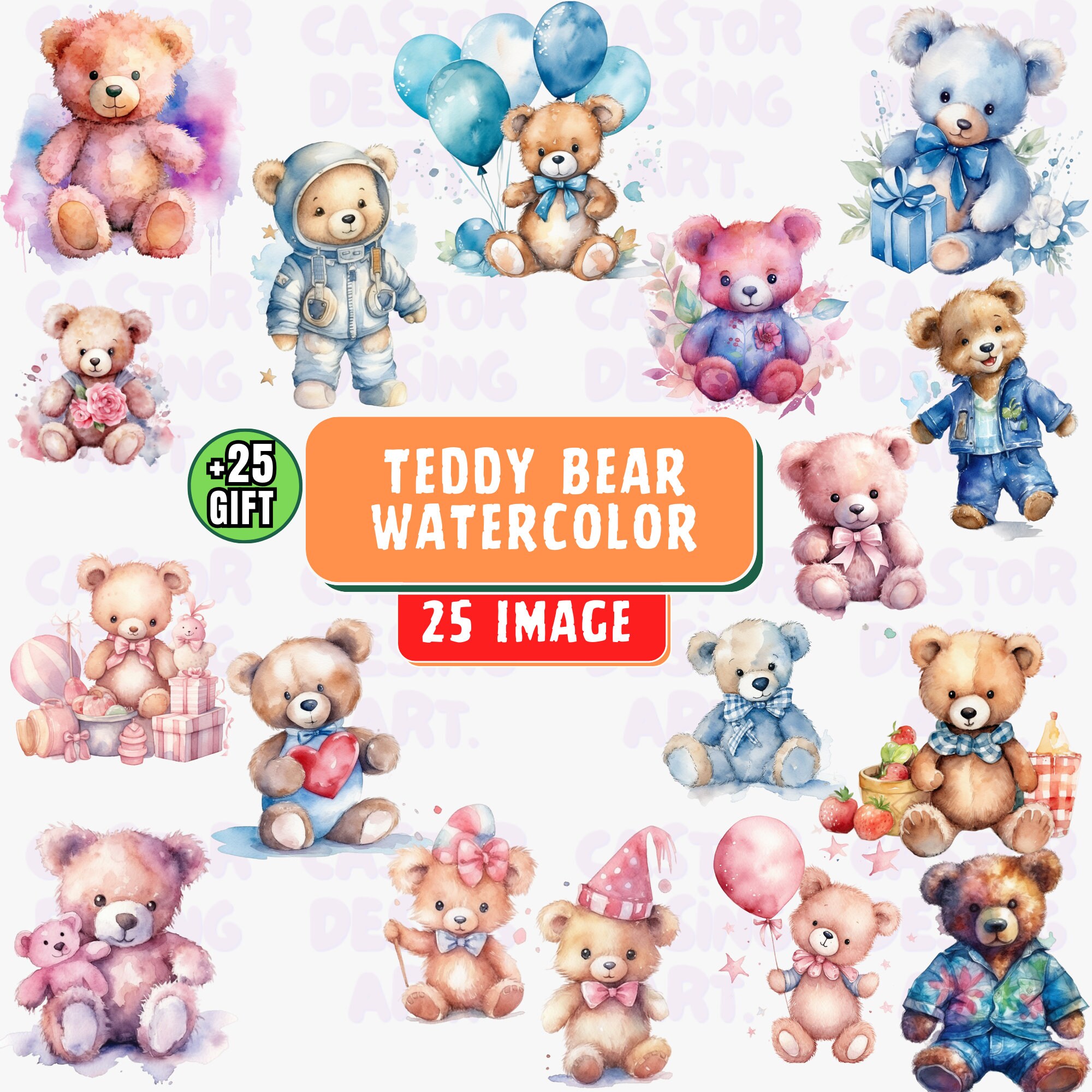 Watercolor Teddy Bear Clip Art Clipart Pack Watercolor Baby - Etsy