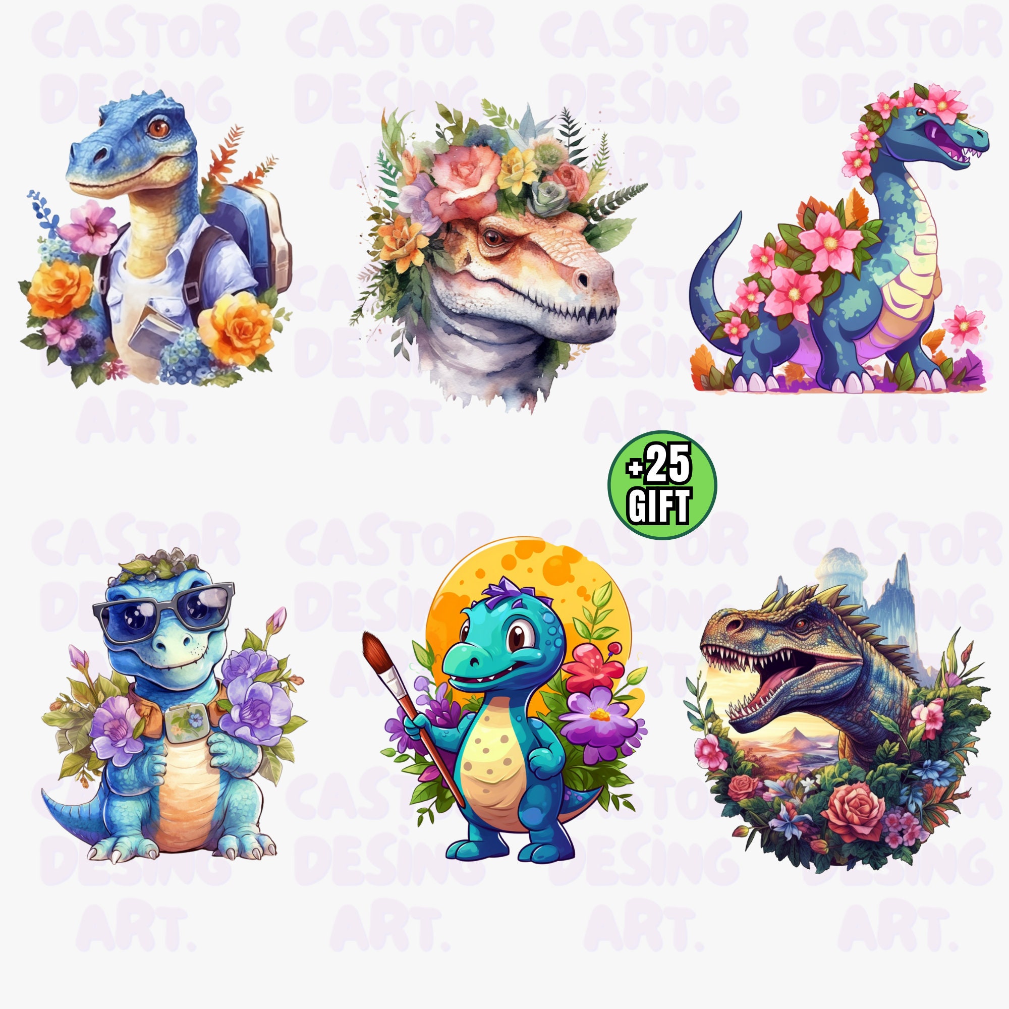 Floral Watercolor Dinosaur Clipart Cute Dinosaur Clipart - Etsy