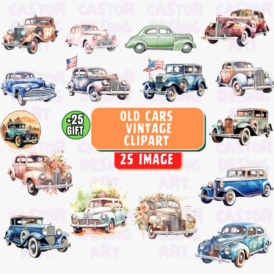 Vintage Cars Clipart, Classic Car Clipart, Watercolor Classic Cars PNG ...