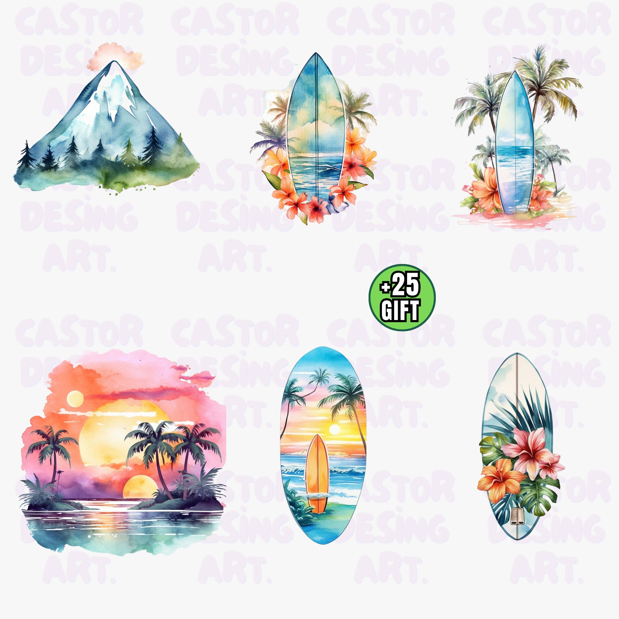 Hawaii Watercolor Clipart Tropical Island Summer Surfing - Etsy
