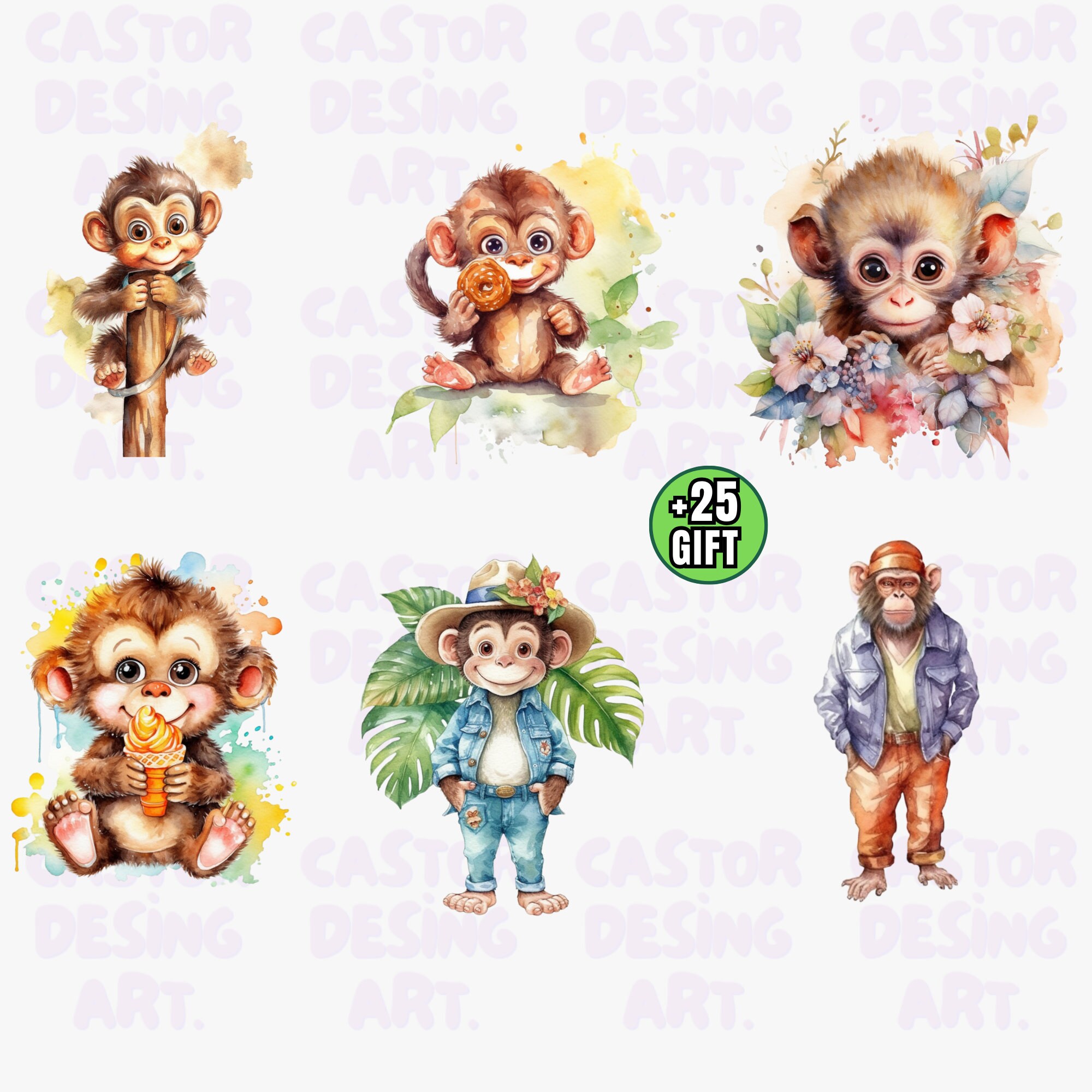 Baby Monkey Clipart Set in Transparent PNG Baby Monkey Watercolor ...