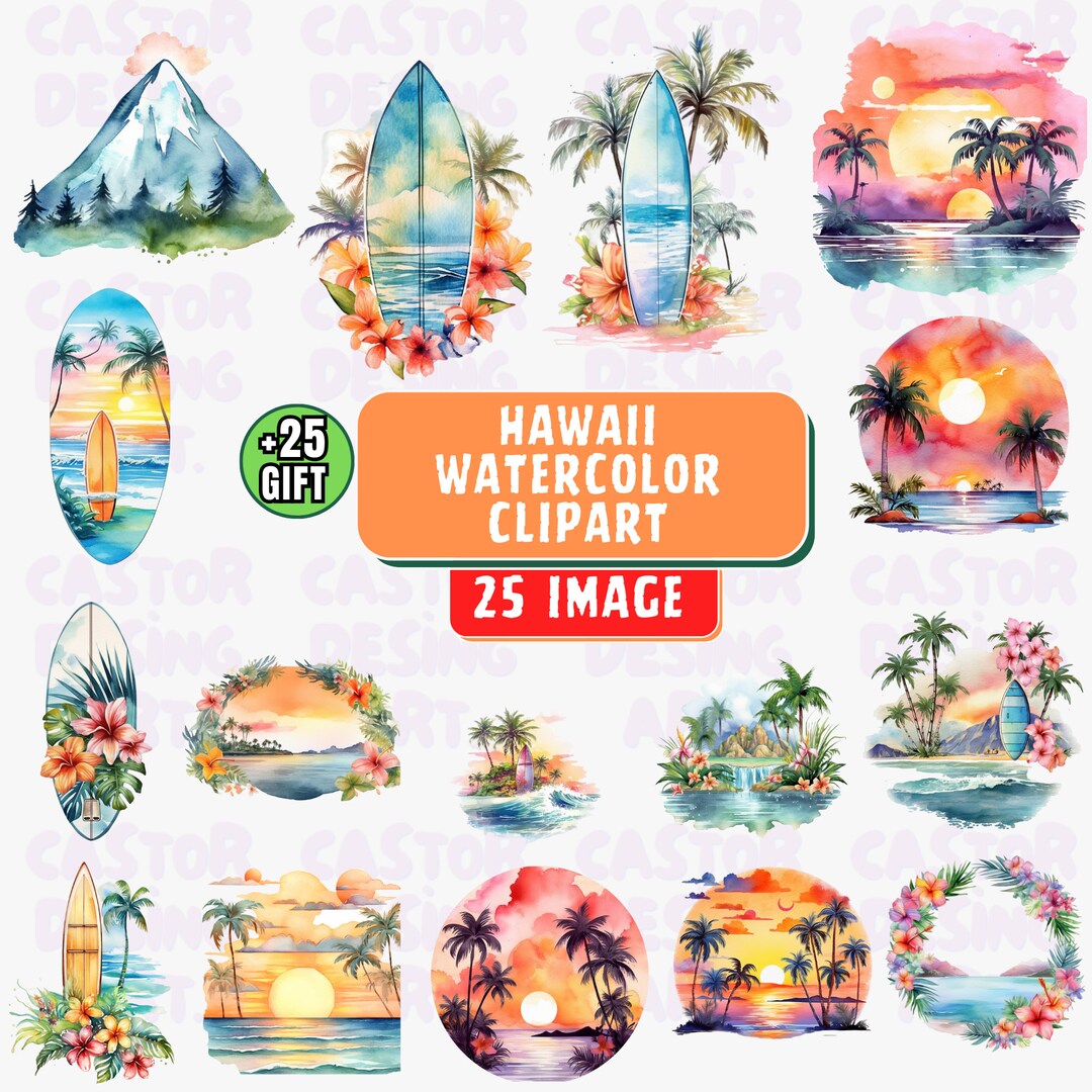 Hawaii Watercolor Clipart, Tropical Island Summer Surfing Pastel ...
