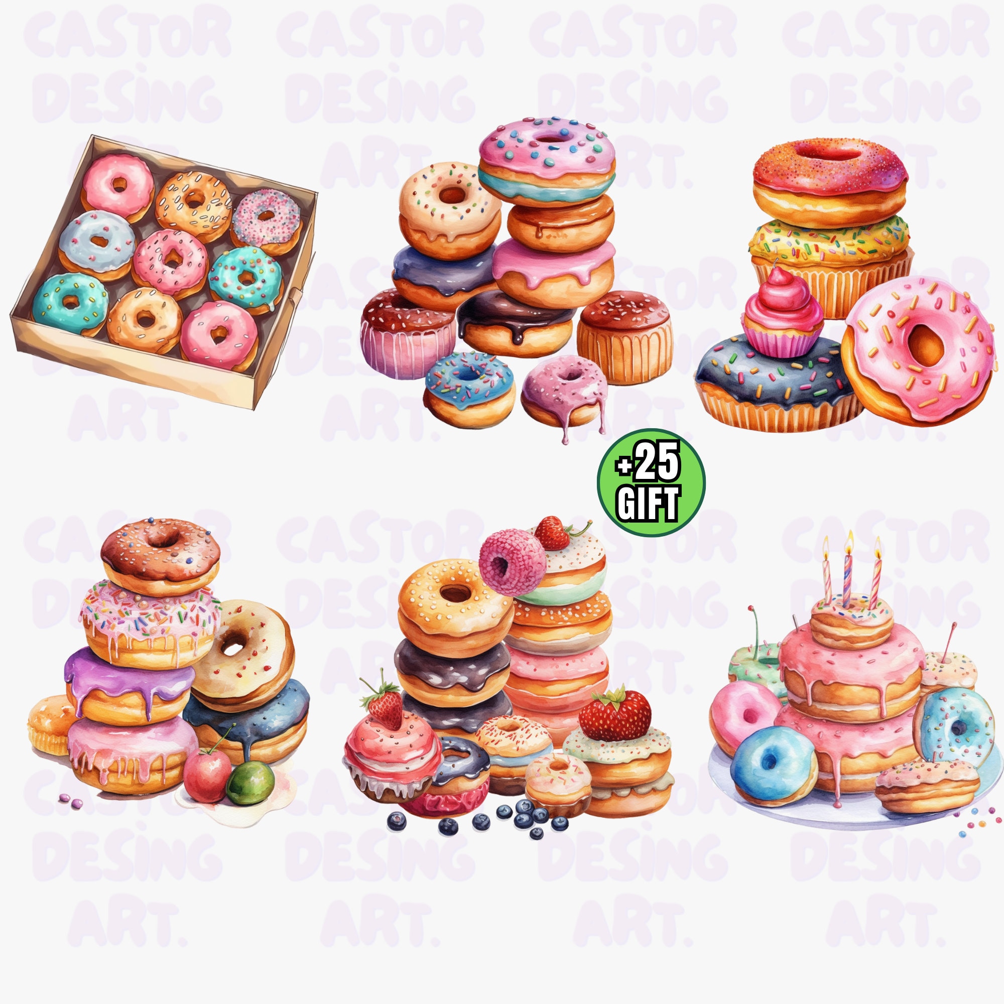 Donut Watercolor Clipart, Sweet Bakery Food Clipart, Donut Birthday ...