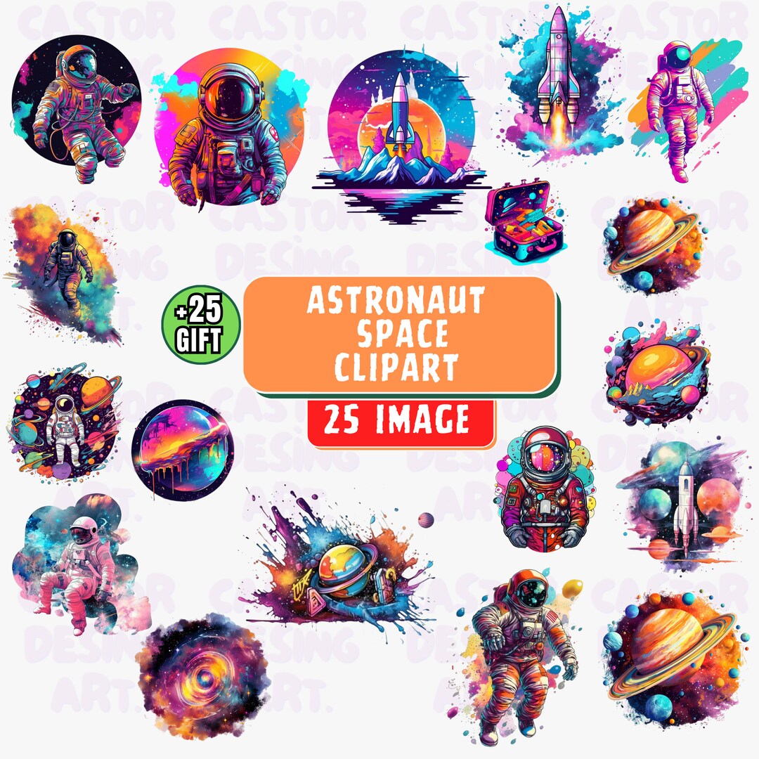 Astronaut and Space Watercolor Clipart, Watercolor Space Clipart, Space ...