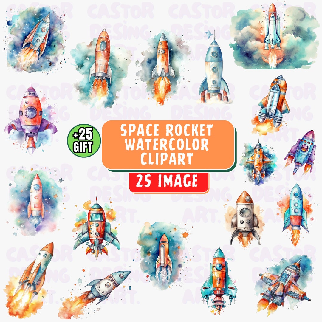 Space Rocket Watercolor Clipart, Watercolor Space Clipart, Space Boy ...