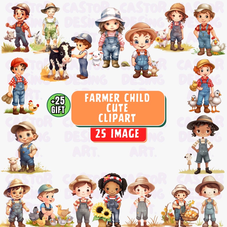 Cartoon Kids Clipart Cute Farm Children Clipart Farm Animals - Etsy