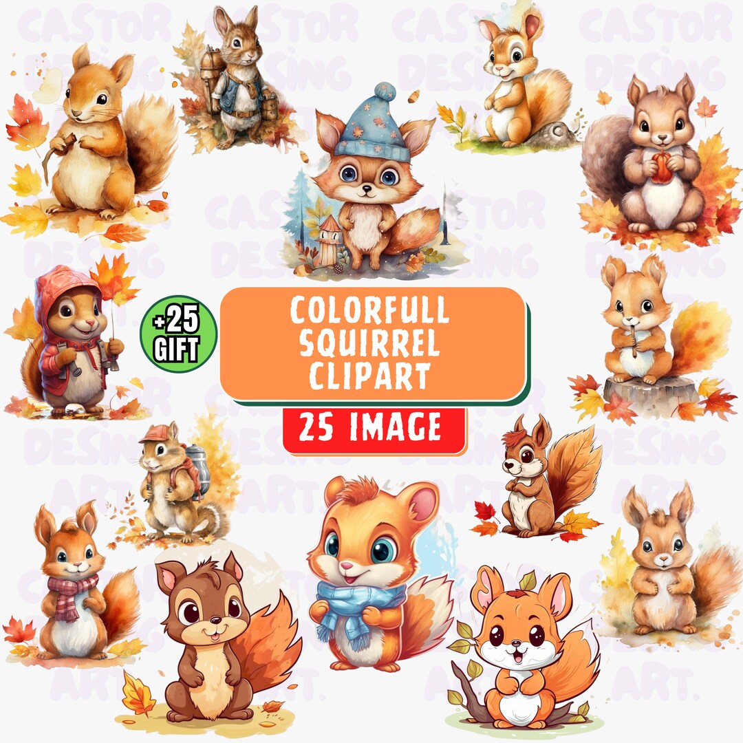 Autumn Squirrels Clipart, Watercolor Squirrel Clipart, Squirrel Clipart ...