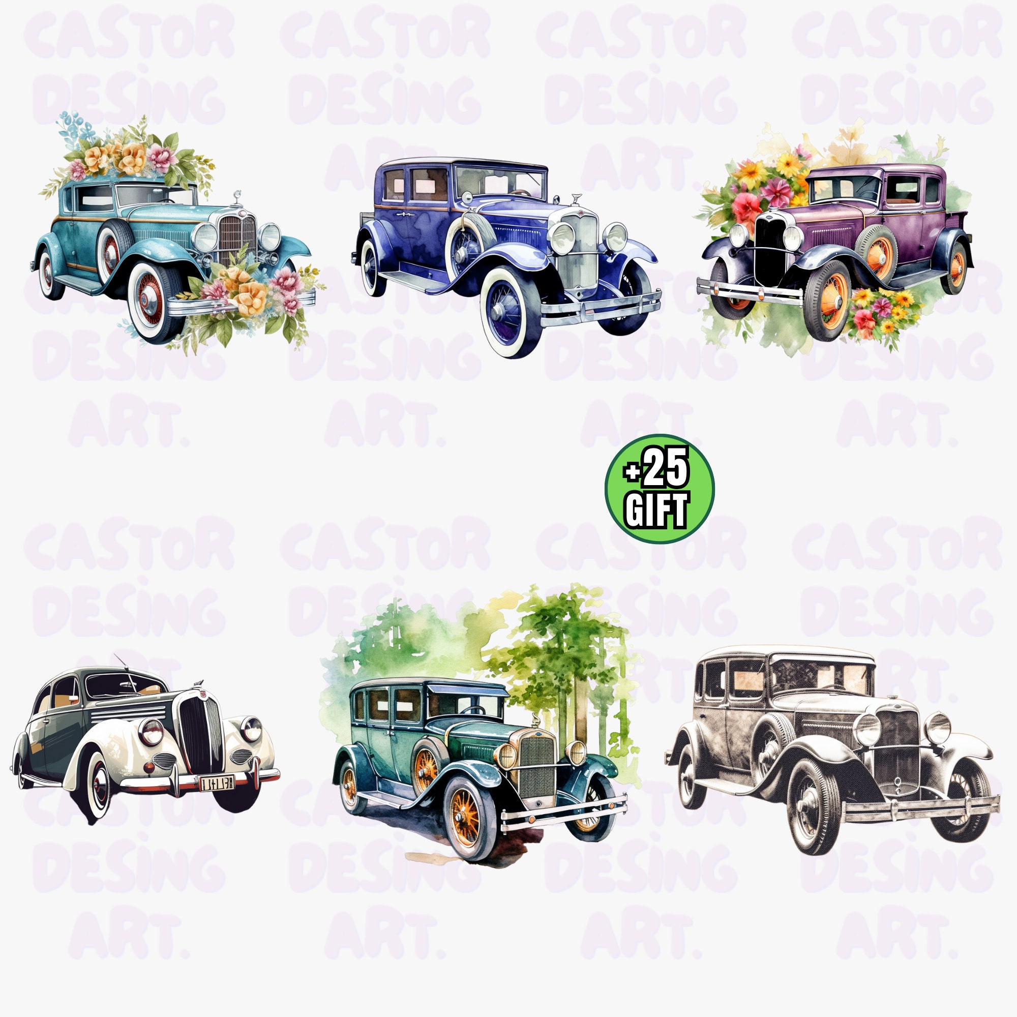 Vintage Cars Clipart, Classic Car Clipart, Scrapbooking, Junk Journal ...