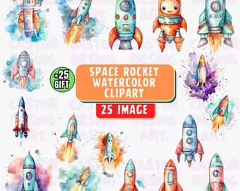 Space Astronaut Alien Rocket Watercolor Clipart Planet Clip Art Digital ...