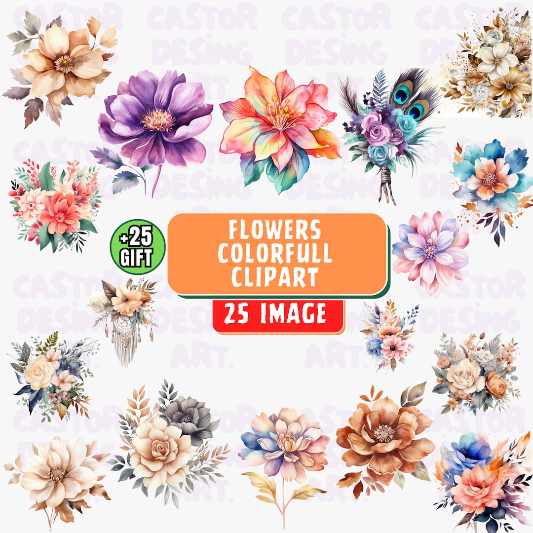 Flowers Boho Clipart, Boho Flowers PNG, Watercolor Floral Clipart ...
