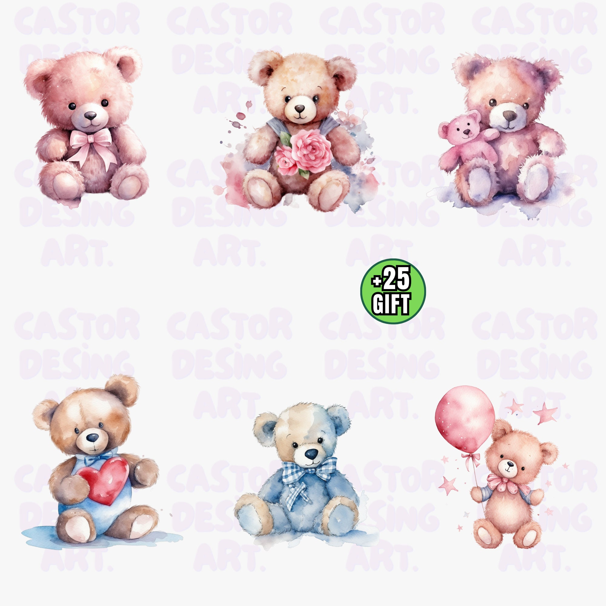 Watercolor Teddy Bear Clip Art Clipart Pack Watercolor Baby - Etsy